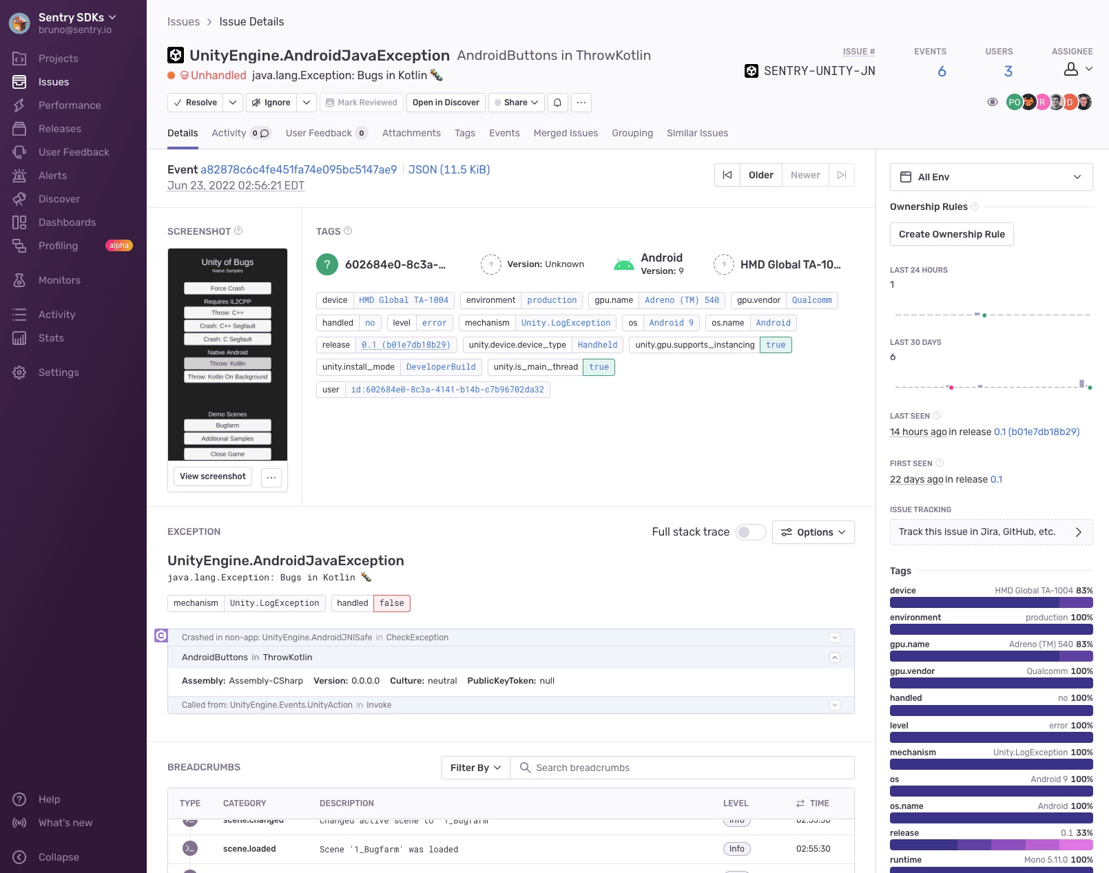 Screenshots | Sentry for React Native